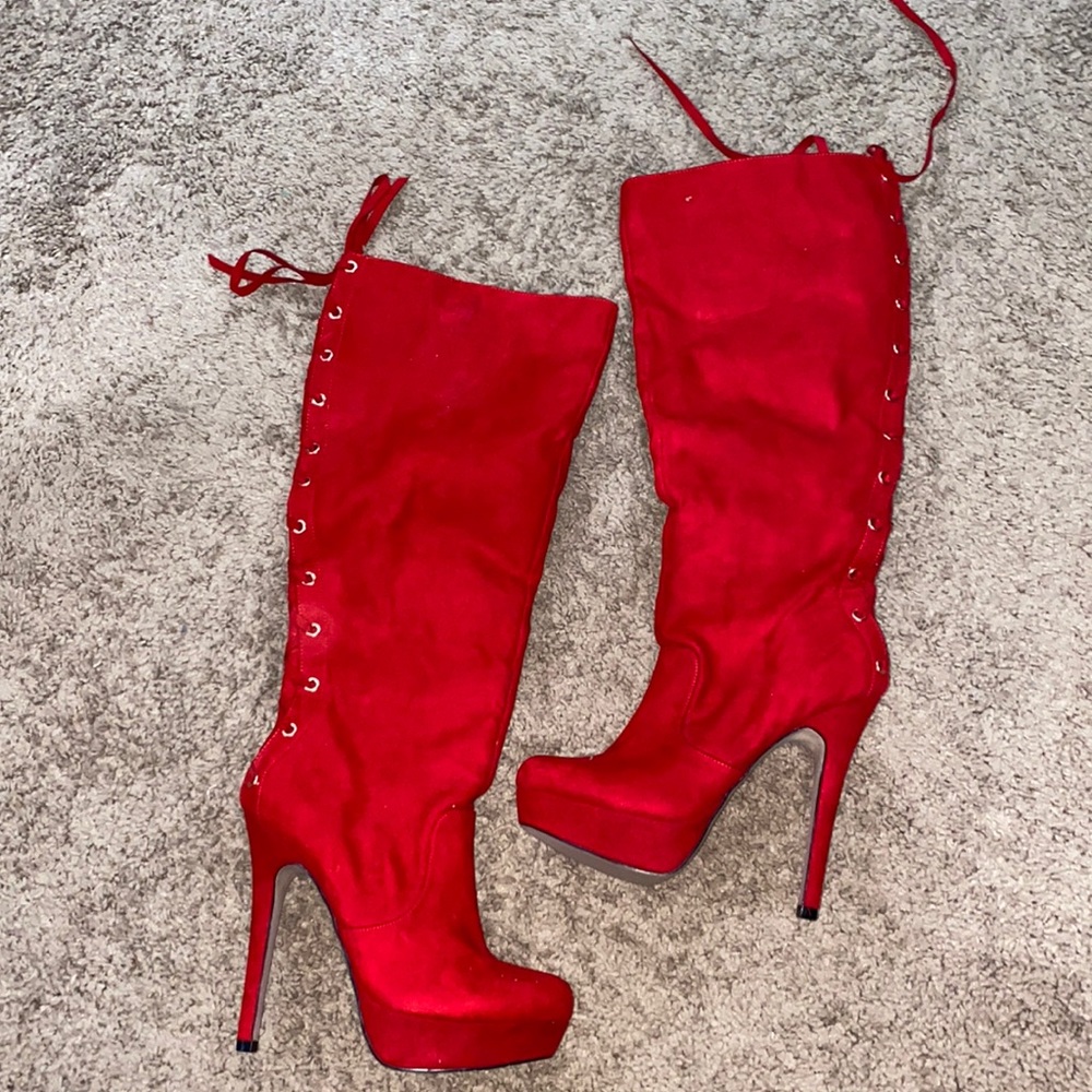 Red Knee High Platform Boots - Gem